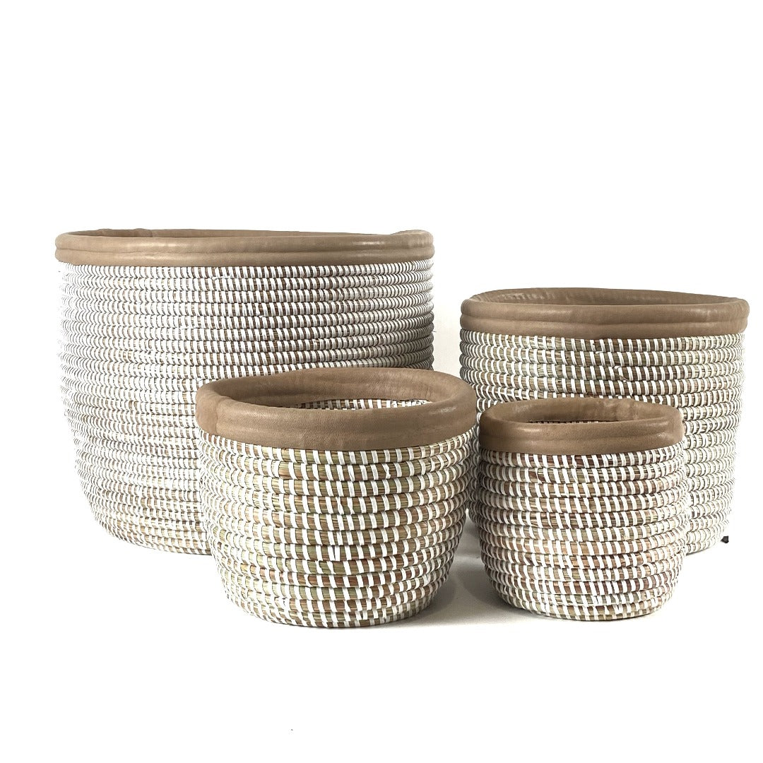 White Open Baskets with Natural Leather Trim – Emmela